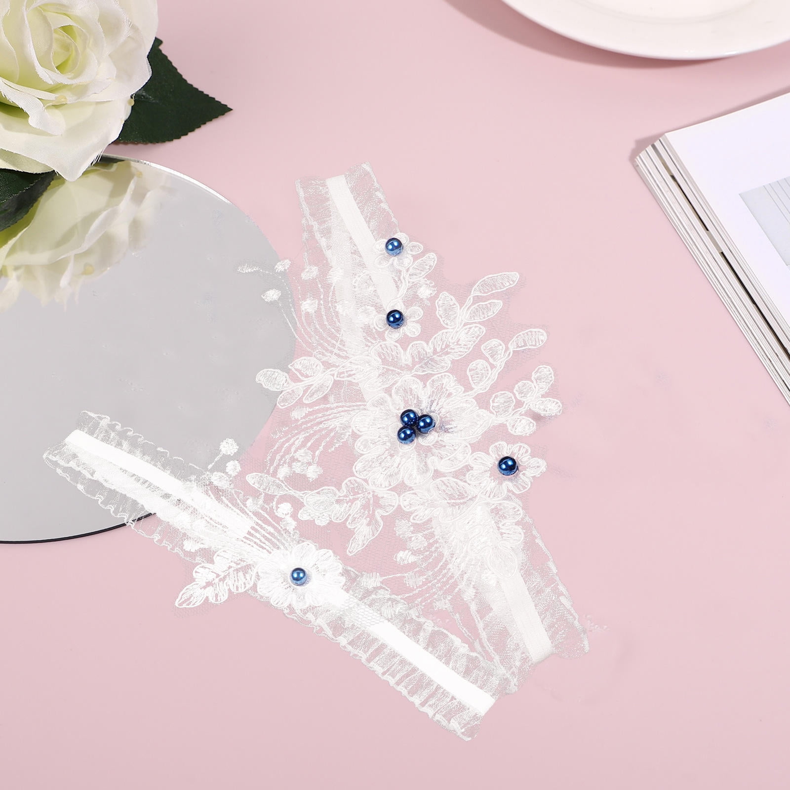 TABLZONE Leg Garters for Women 1 Pair Blue Lace and Imitation Pearls ...