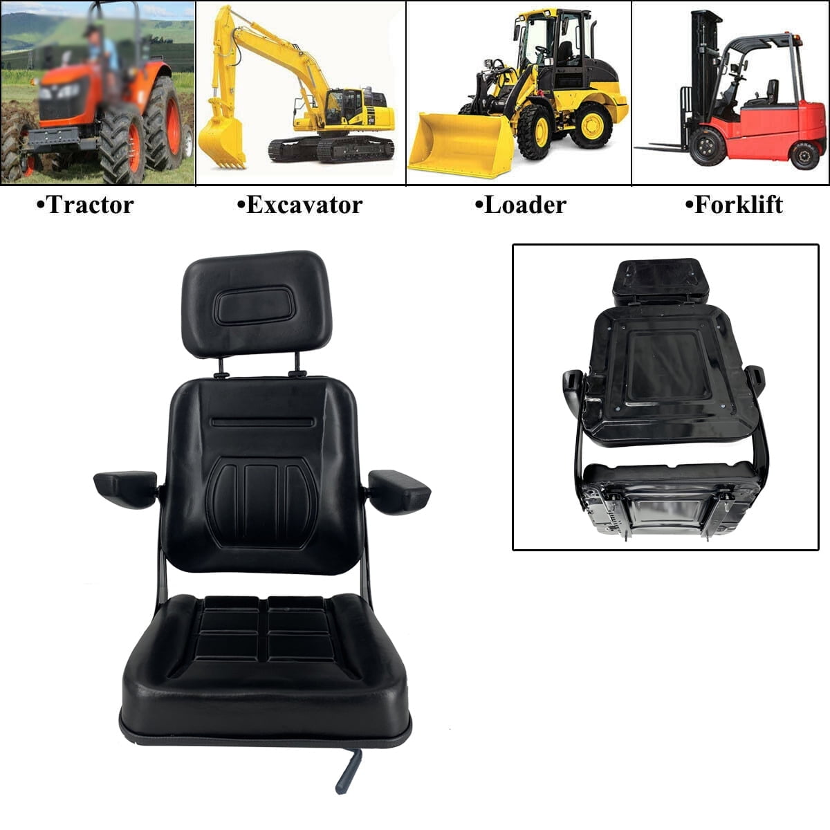 TABODD Universal Tractor Seat, Adjustable Backrest, Black PU, Excavator ...