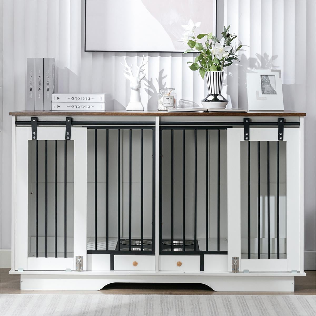 TABU 66" Large Dog Crate Furniture, Wooden Dog Crate for 2 Small or Medium Dogs,Indoor, Chew ...