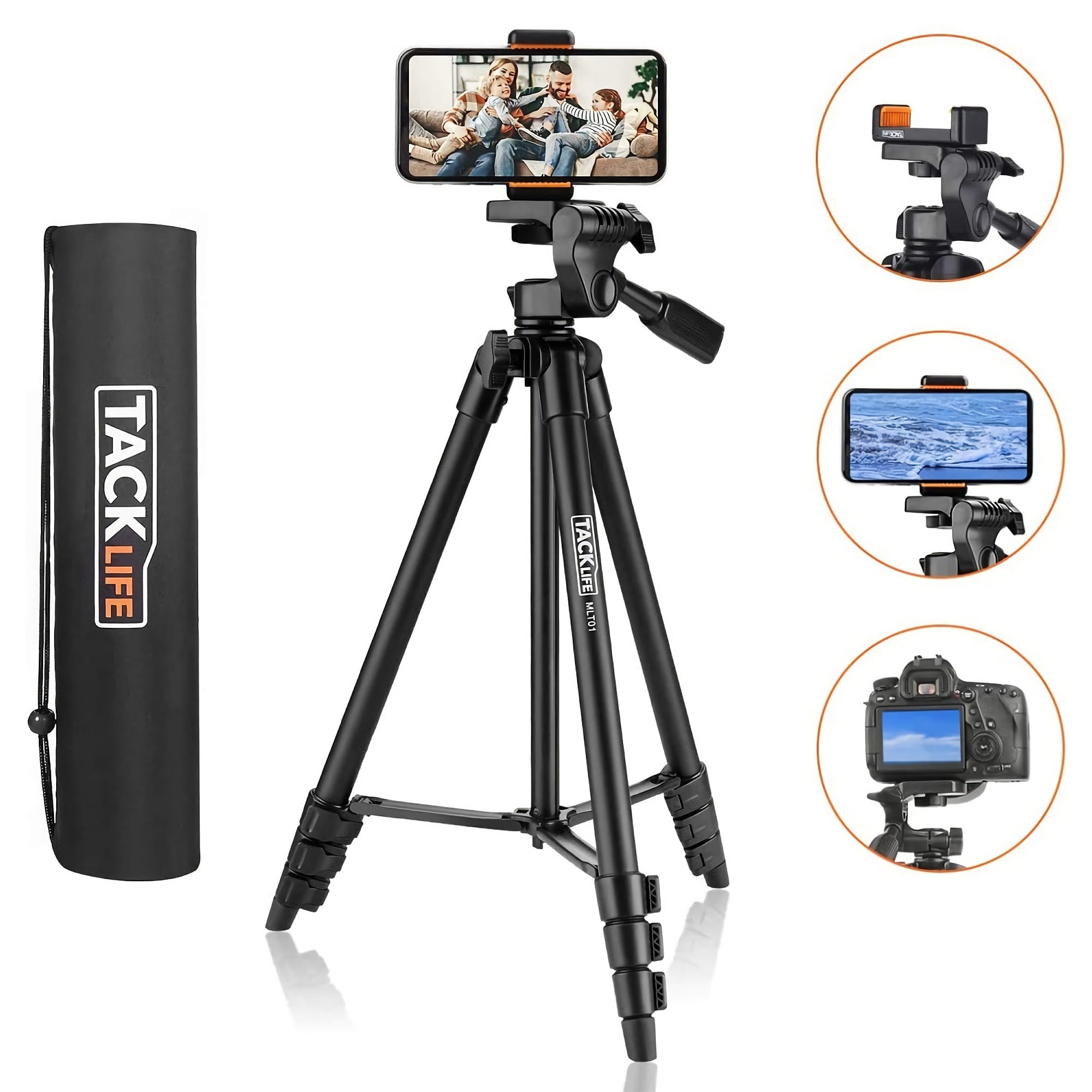 TACKLIFE Compact 55-Inch Lightweight Aluminum Tripod with 3-Way Head ...