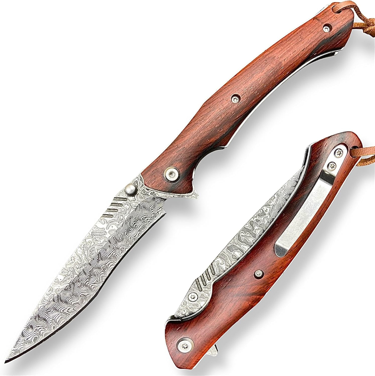 TACTICAL GEARZ Damascus Steel Pocket Folding Knife, Natural Rosewood ...