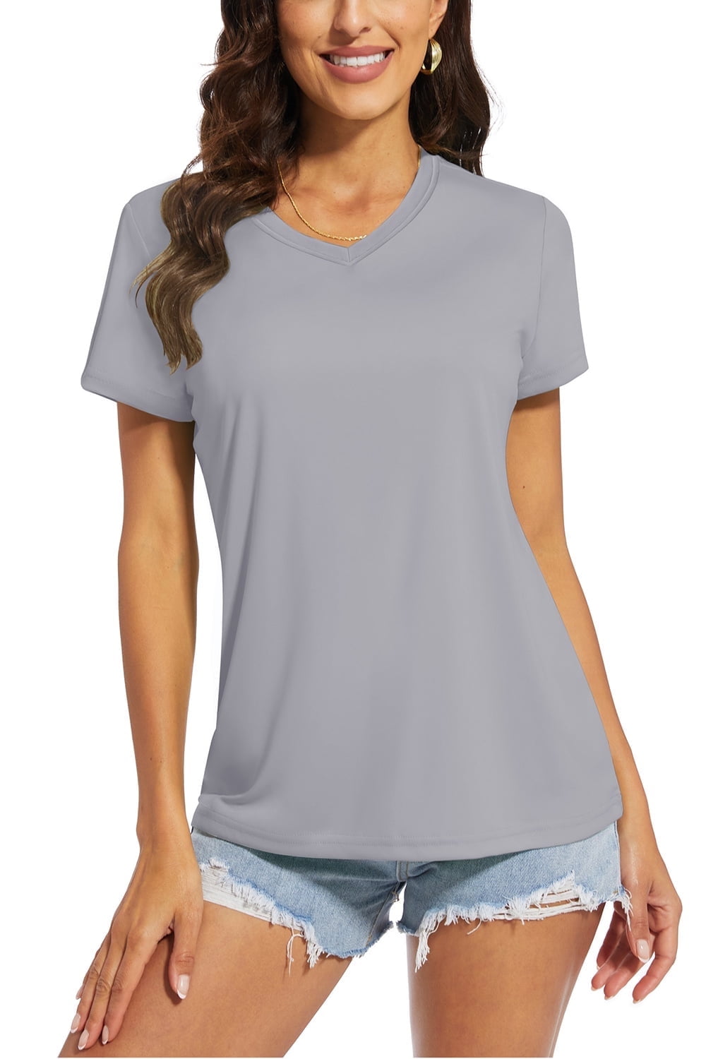 TACVASEN Women's Short Sleeve V Neck Moisture Wicking Gym Workout T-Shirt, Light Gray, S ...
