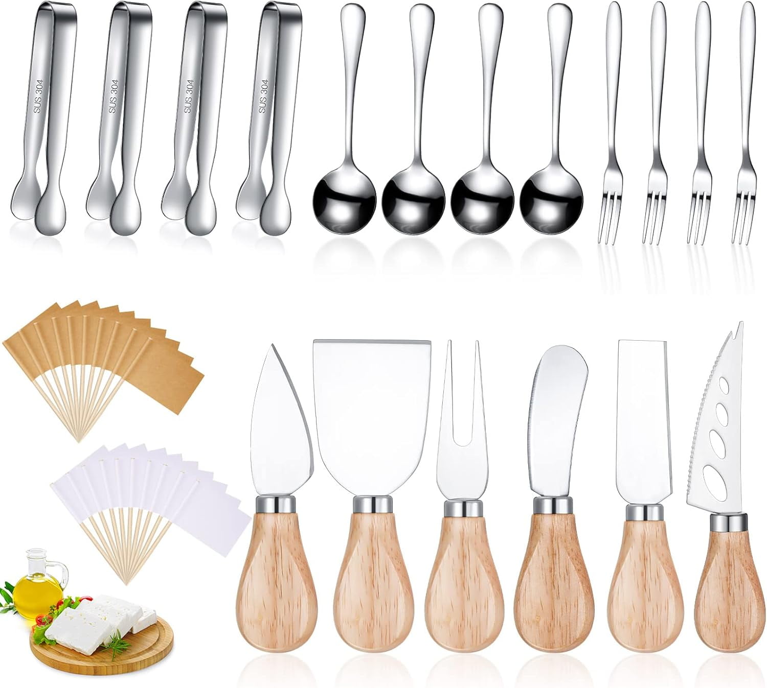TACYKIBD Cheese Spreader Utensils Set, Wooden Handles, Mini Tongs ...
