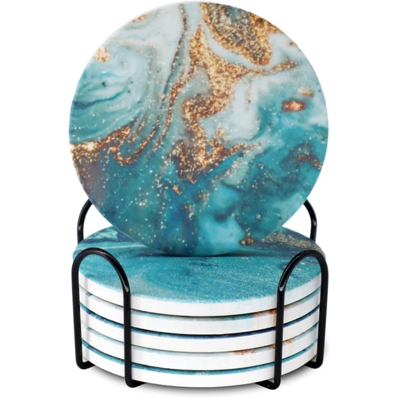 TAETOE 6Pcs Drink Coasters with Holder, Marble Style Ceramic Drink ...