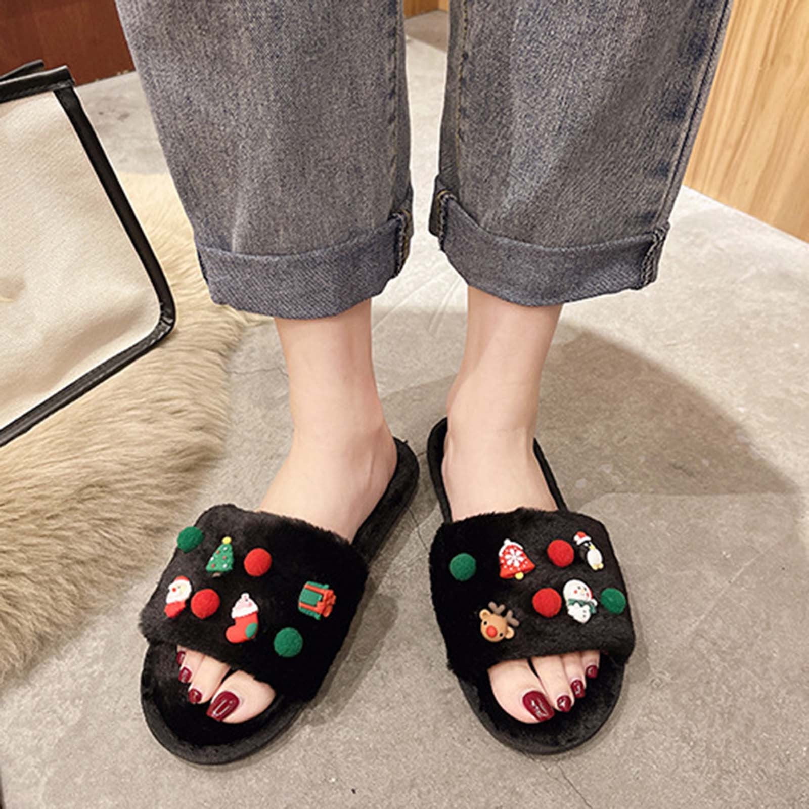 Xfvqtps Christmas Slippers Fuzzy Slippers for Womens Cute Elk Deer ...