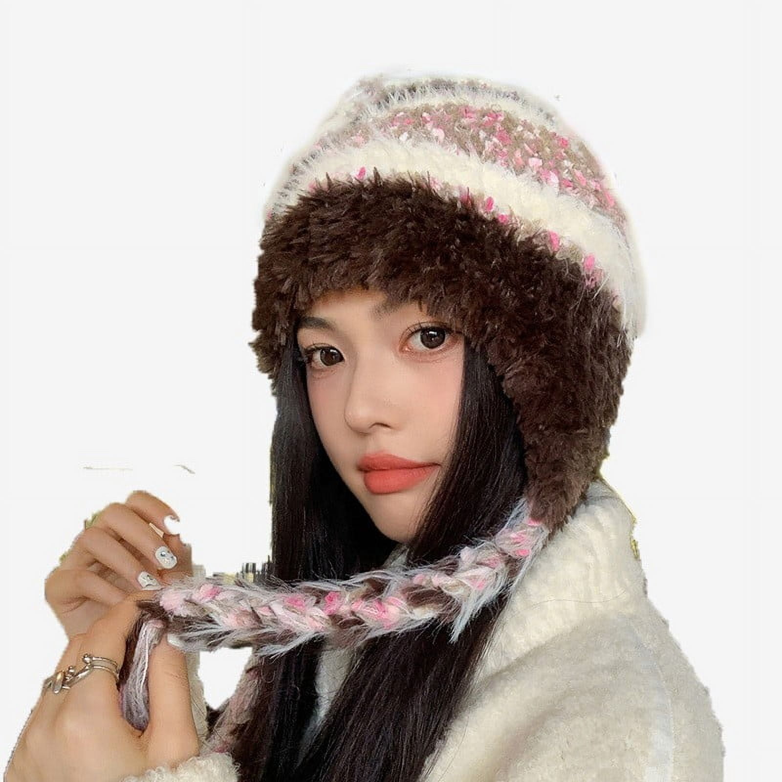 Xfvqtps Tassel Ear Flaps Hat for Womens Crochet Plush Fuzzy Mixed ...