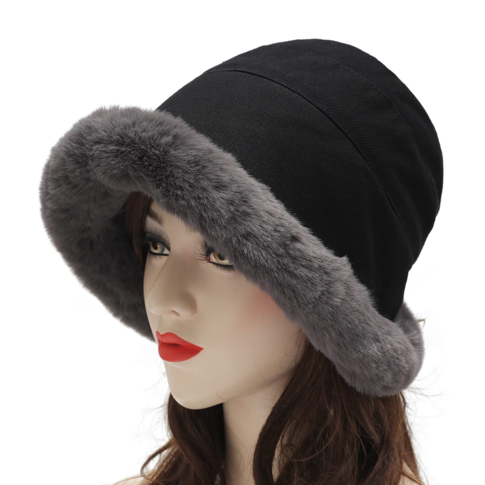 Xfvqtps Womens Cloche Bucket Hat Plush Brim Winter Color Matching Solid ...