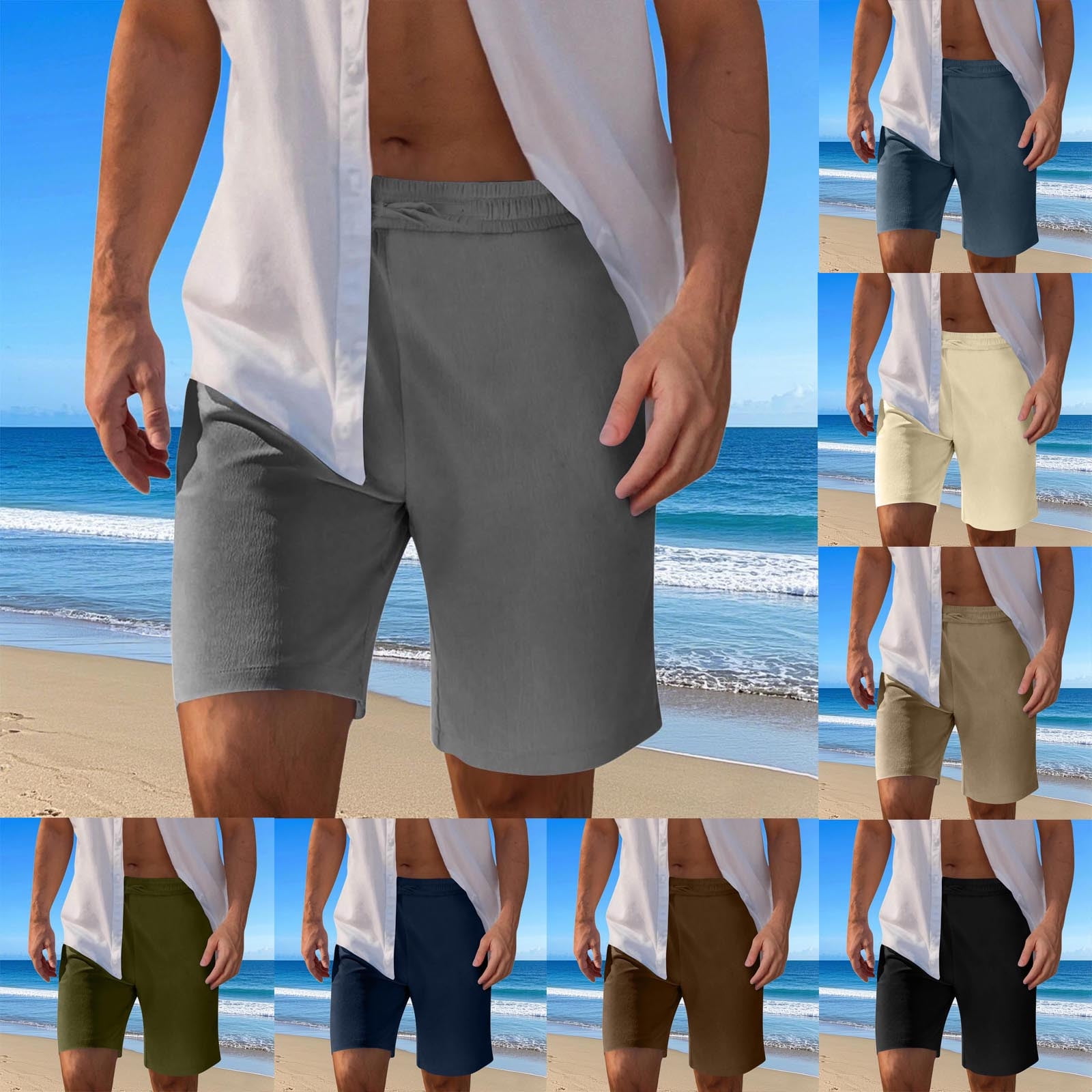 TAGOLD Mens Half Shorts Pants Linen Drawstring Elastic Waist Pocket ...