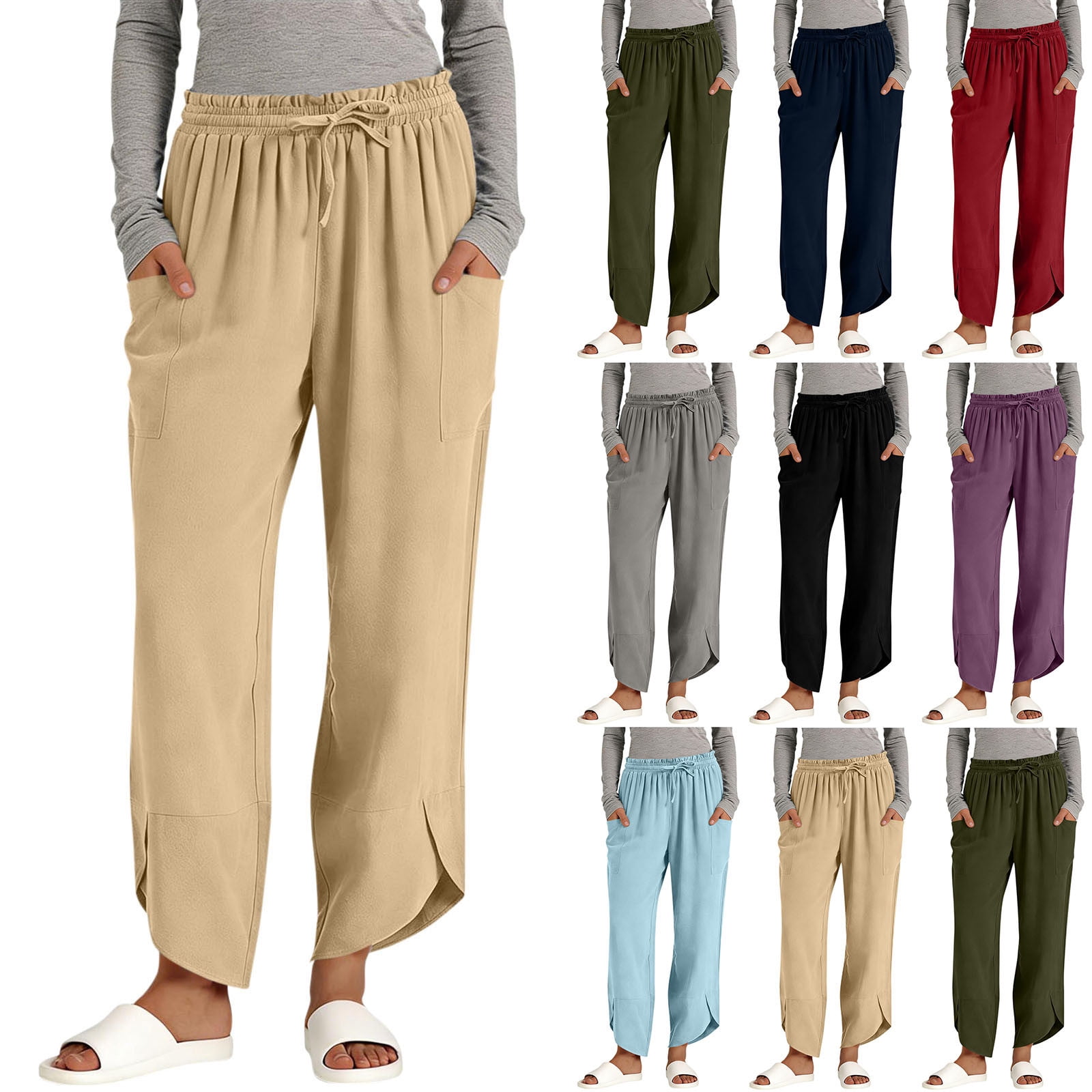 TAGOLD Women Casual Pants Solid Color Stretch Waist Pocket Drawstring ...