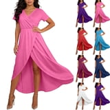 TAGOLD Womens Short Sleeve V Neck Dress Solid Color Front Elastic Waist ...