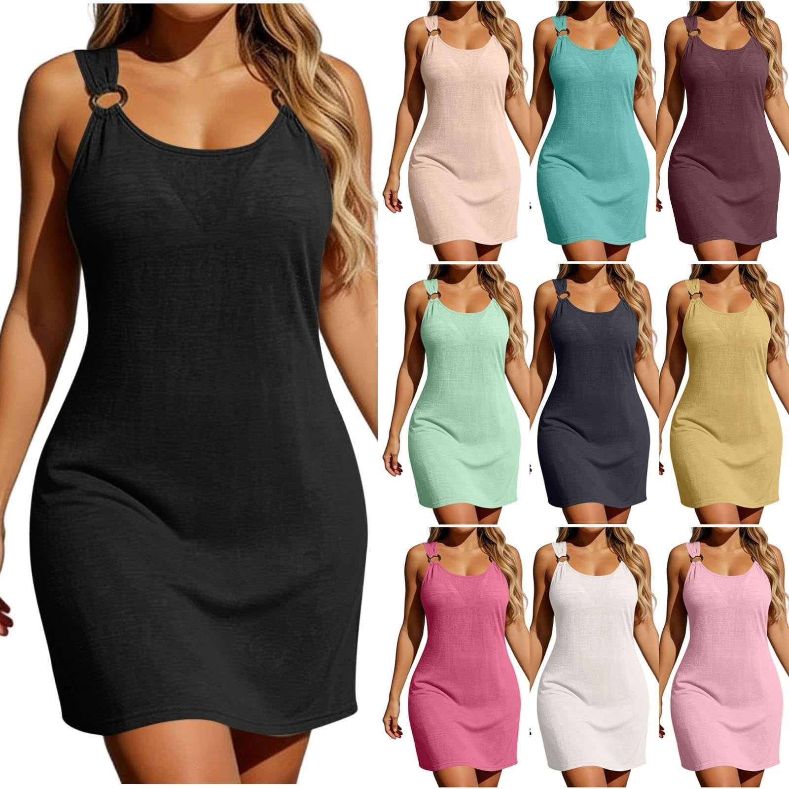 TAGOLD Womens Sleeveless V-Neck Dress Deep Neck Side Split Beach Cover ...