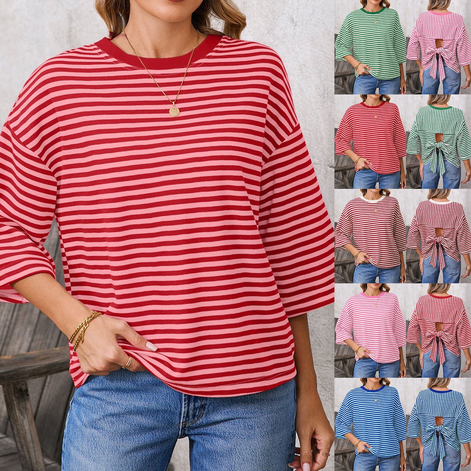 TAGOLD Womens Summer V-Neck Blouses & Shirts Stripe Crew Neck Open Back ...