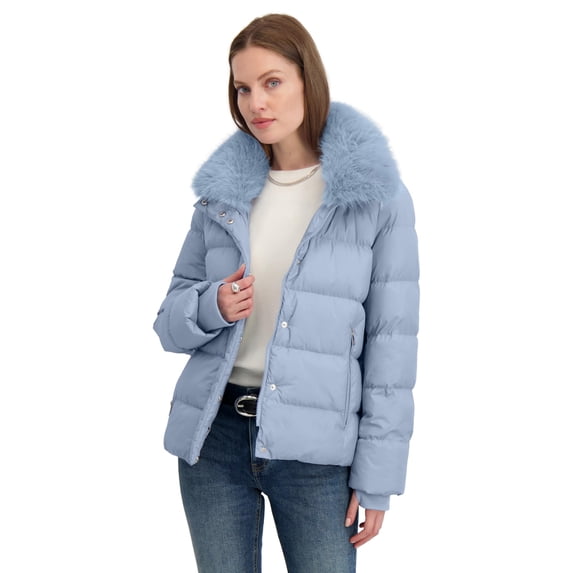 TAHARI Women's Short Quilted Puffer Jacket with Faux Fur Collar ...