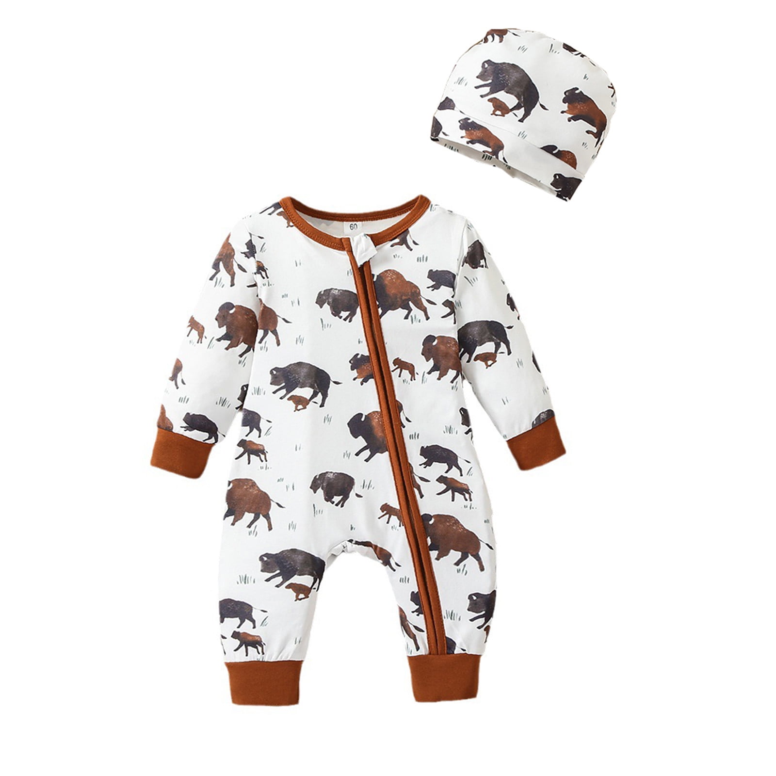 TAIAOJING Baby Boy Fall Winter Clothes Girl Zip Up Romper Cow Print Long Sleeve Jumpsuit Hat ...