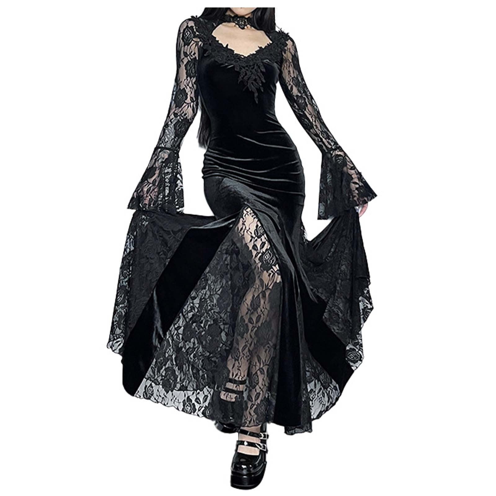 TAIAOJING Ladies Hallowmas Gothic Dark Lace Slim Fishtail Long Sleeve ...
