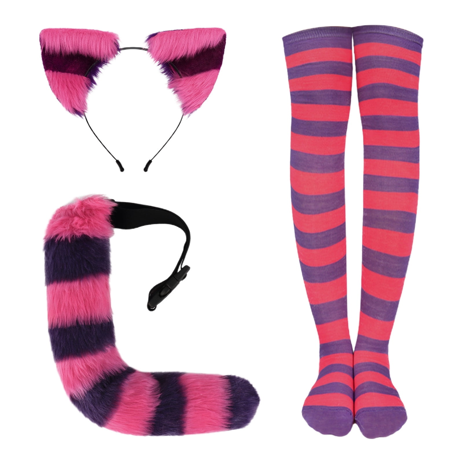TAIAOJING Ladies Striped Cat Ear And Tail Knee High Socks Set Adorable ...