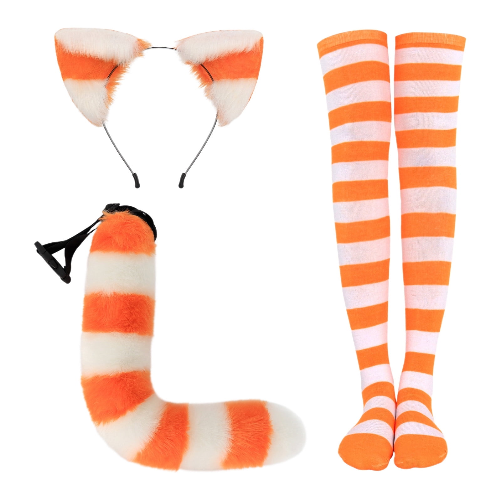 TAIAOJING Ladies Striped Cat Ear And Tail Knee High Socks Set Adorable ...