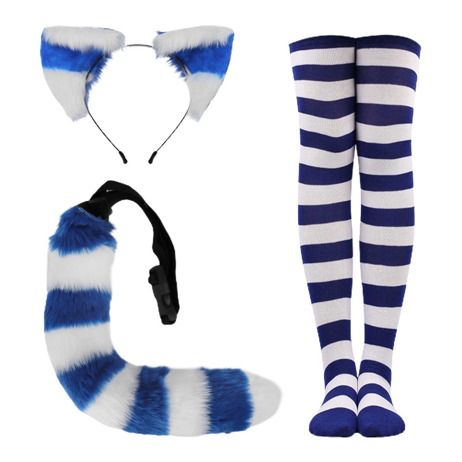 TAIAOJING Ladies Striped Cat Ear And Tail Knee High Socks Set Adorable ...