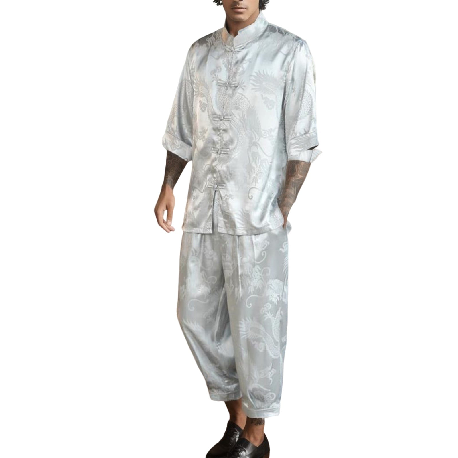 TAIAOJING Men's 2 Piece Sets Casual Summer Tang Suit Thin Ice Silk ...