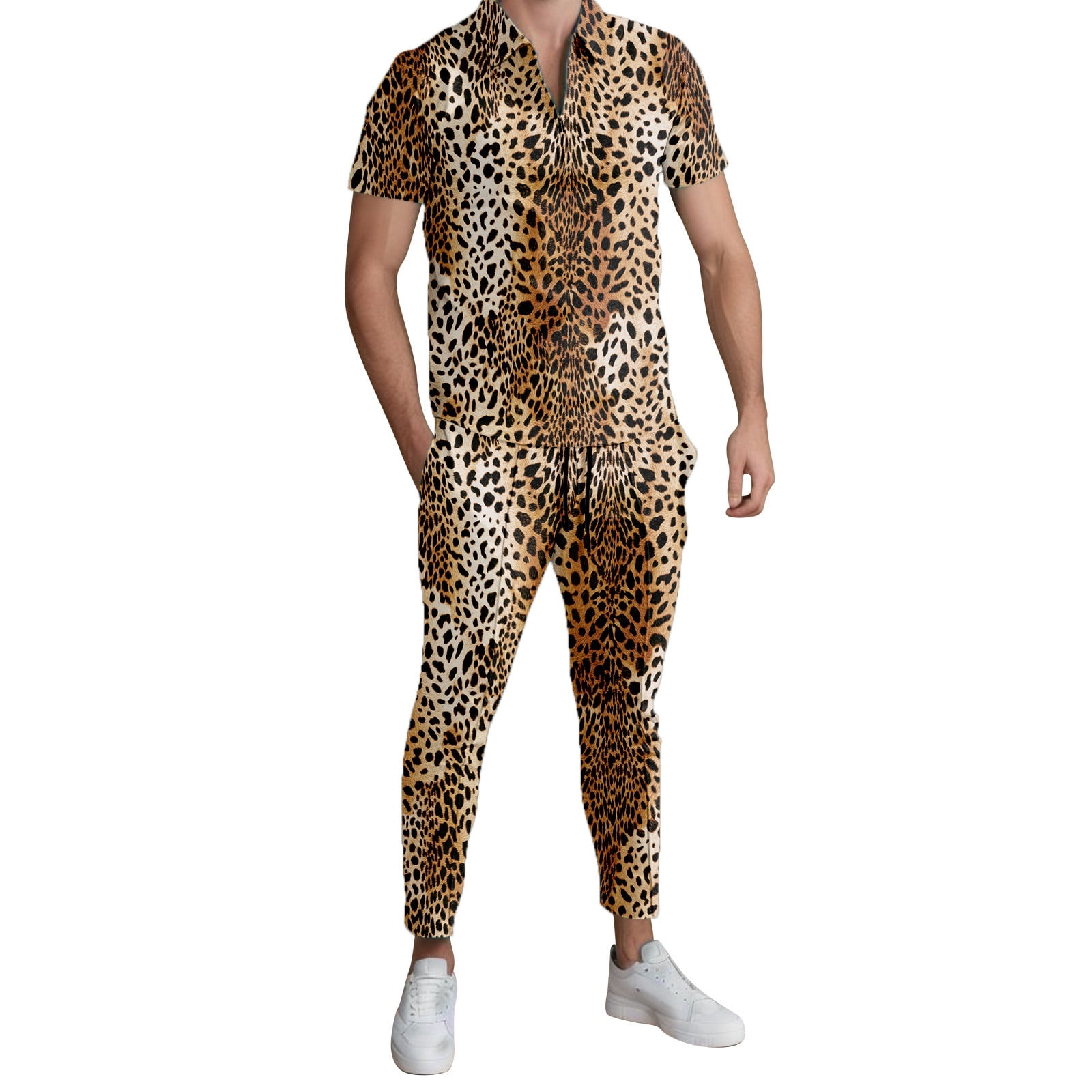 TAIAOJING Mens Tracksuit Set Long Sleeved Two Piece Leopard Print Lapel ...