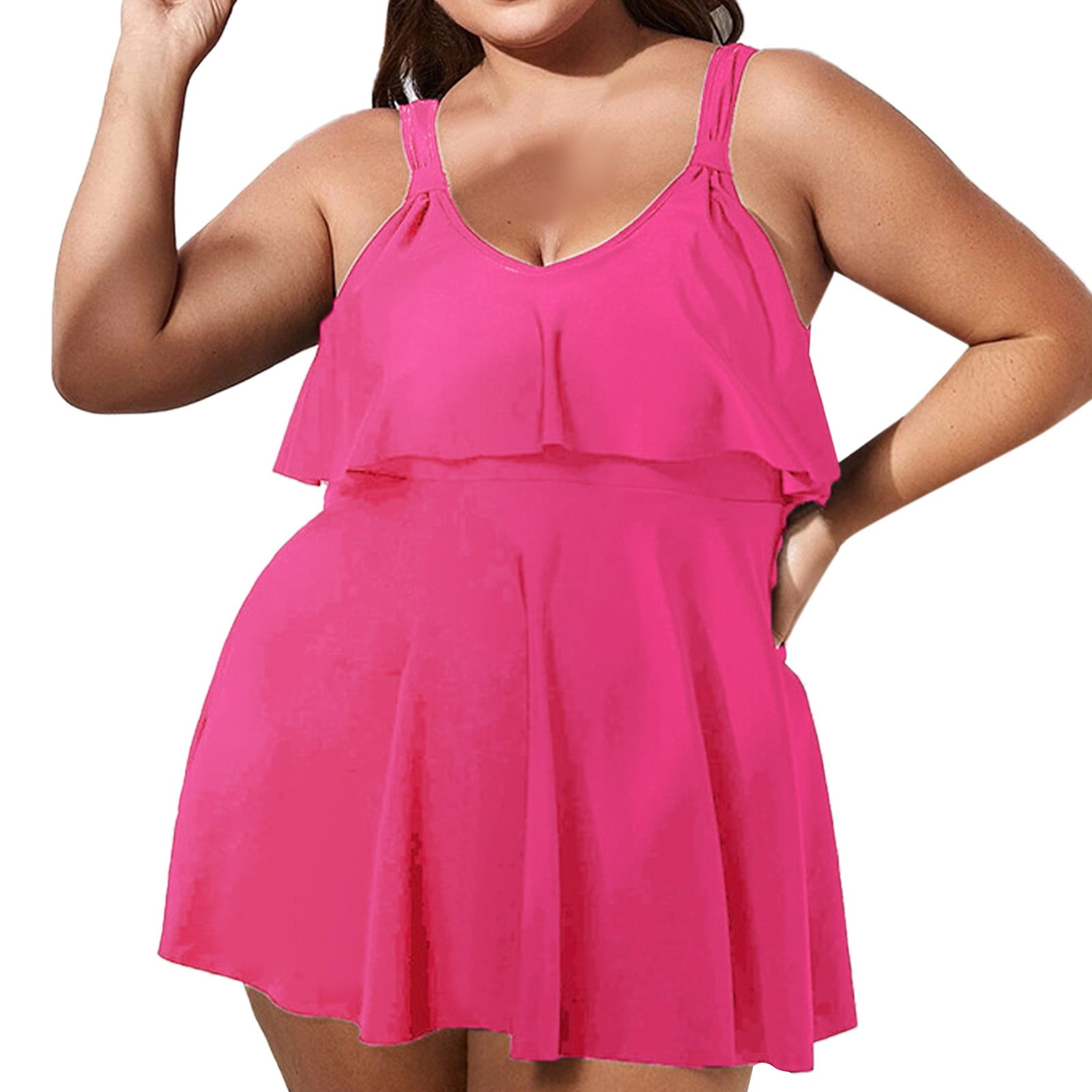 TAIAOJING One Piece Swimsuit Tummy Control Large Split Solid Ruffle Hemline Conservative Tankini ...