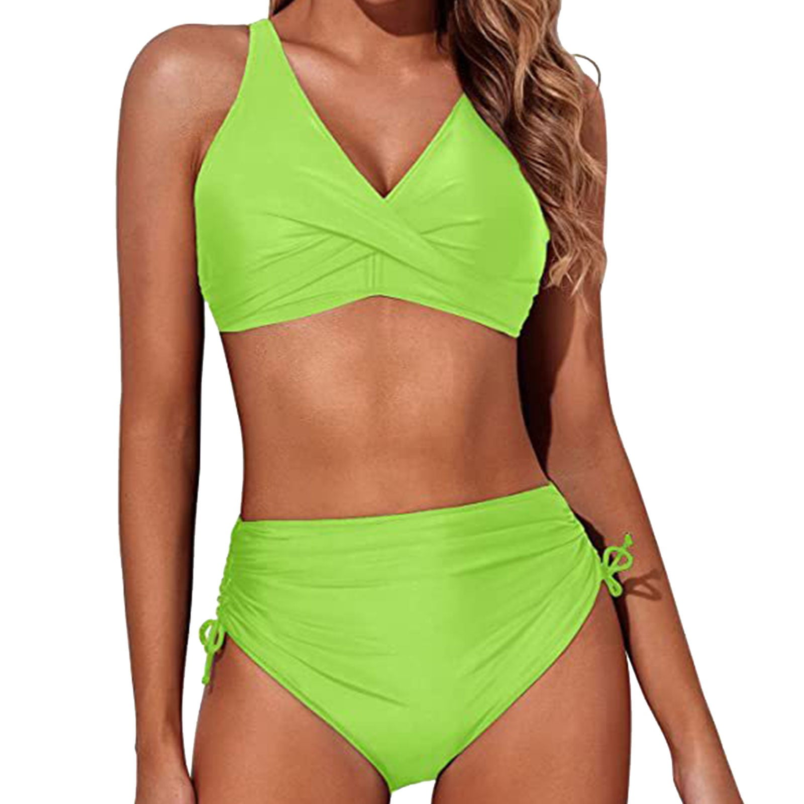 TAIAOJING Swimsuit for Women High Waisted Bikini Front Lace Up Bikini Tops Ruched Push Up 2 ...