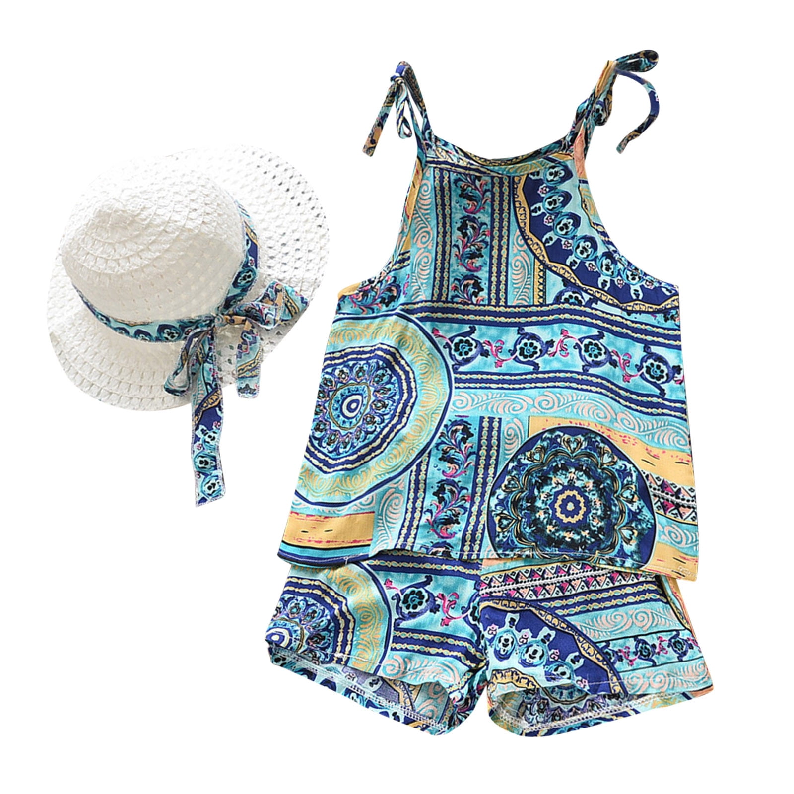 TAIAOJING Toddler Baby Girl Clothes Kids + Summer Strap Hat Boho 3PCS ...