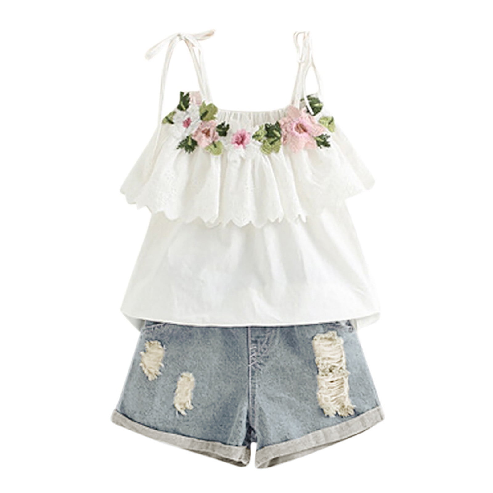 TAIAOJING Toddler Baby Girl Outfit Clothes Kids Set Embroidery Outfits T-shirt+Denim Shorts ...