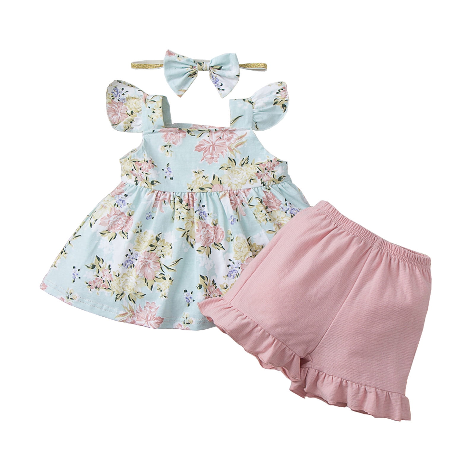 TAIAOJING Toddler Baby Girl Outfit Girls Floral Print Dress Tops Ruched Solid Shorts Set Casual ...