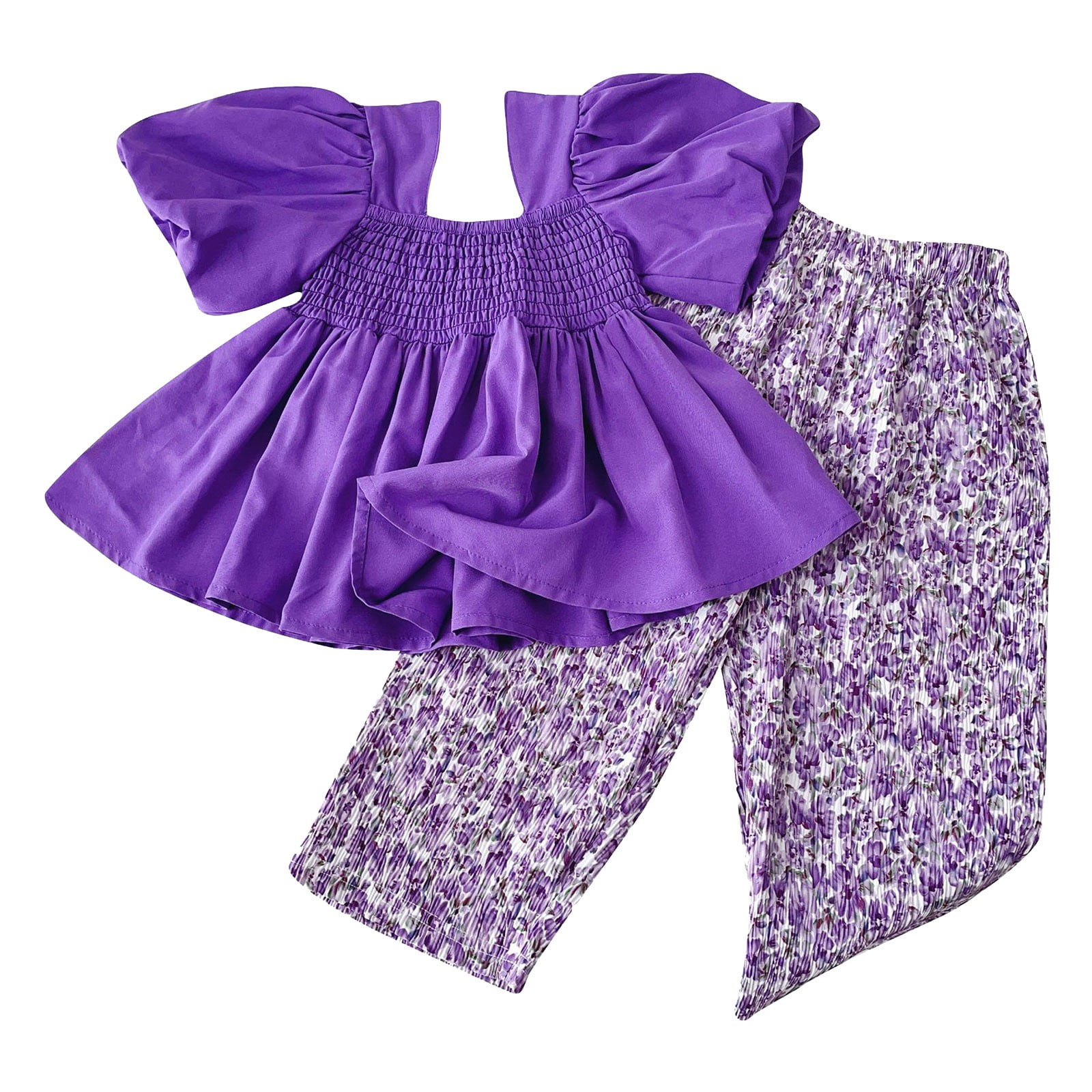 TAIAOJING Toddler Baby Girl Outfit Girls Solid Bubble Sleeve Ruffle Top And Floral Pants Summer ...