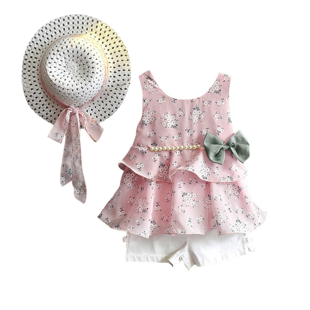 TAIAOJING Toddler Baby Girl Outfit T-shirt+Pants+Sun Outfits Floral Hat Girl Kid Clothes Vest ...