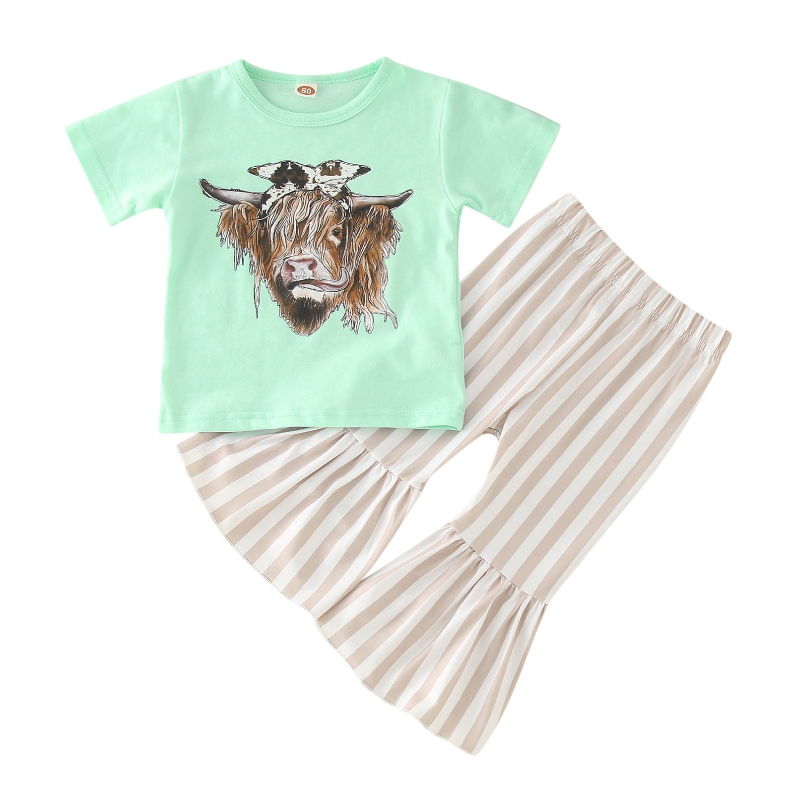 TAIAOJING Toddler Baby Girls Clothes Set Clothes Short Sleeve Cow Prints Tops Striped Bell ...