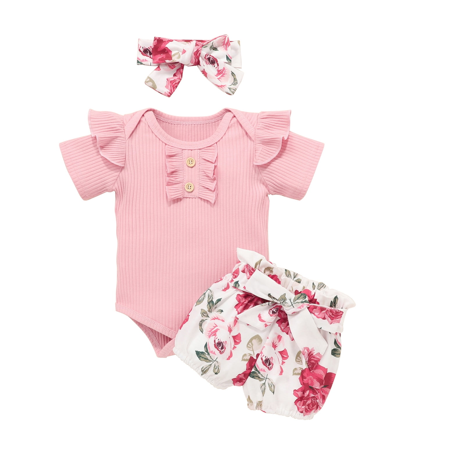 TAIAOJING Toddler Baby Girls Outfits Set Romper+Floral Ribbed Shorts ...