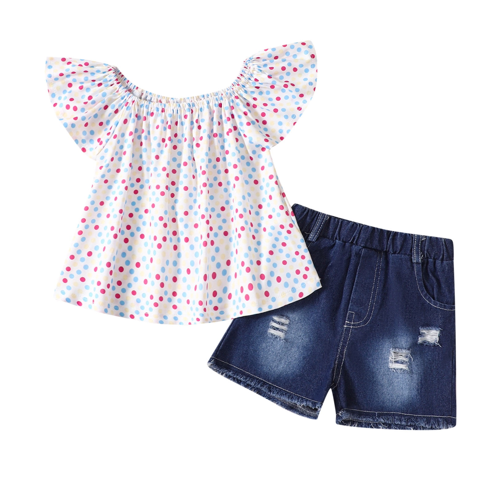 TAIAOJING Toddler Girls Fly Sleeve Floral Prints Tops And Jeans Shorts Two Piece Casual Suit ...