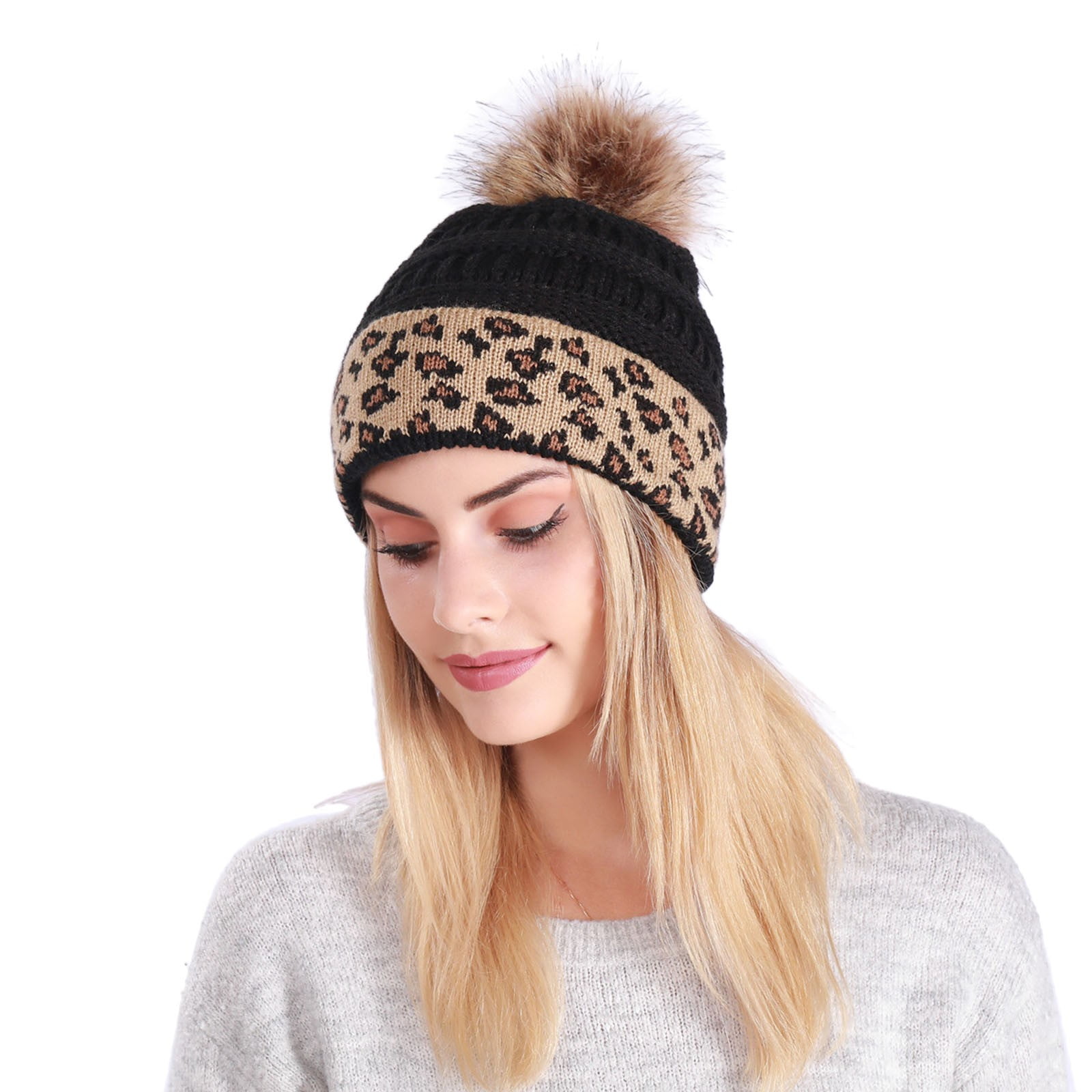 Taiaojing Winter Beanie Hats For Men Women Cable Knit Pom Poms Lined