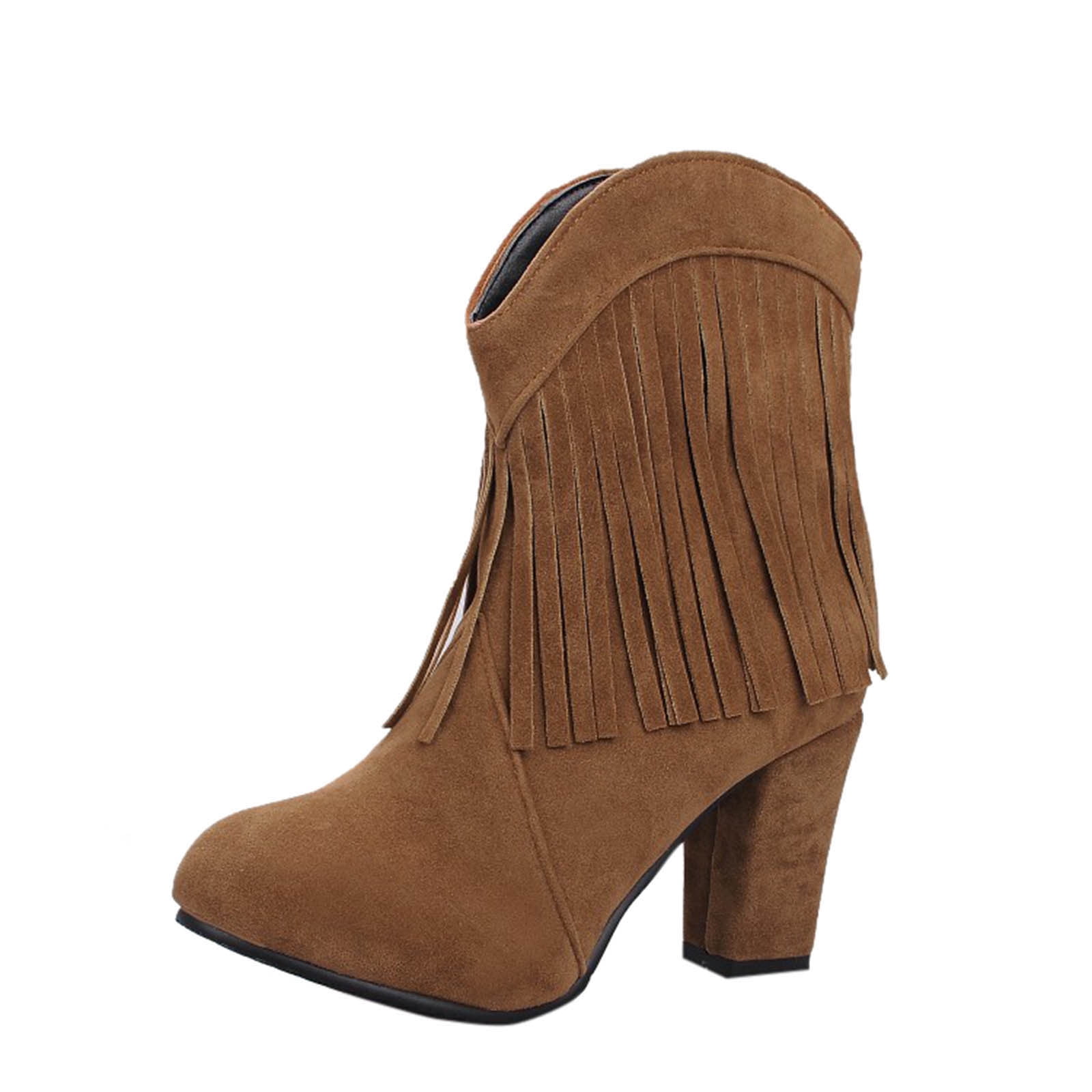 TAIAOJING Women Boots Fringe Boots Solid Color Frosted Thick High Heel ...