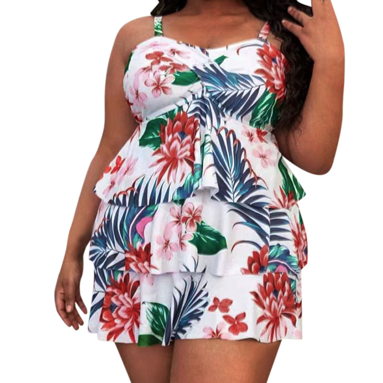 Taiaojing Women High Cut Bikini Sets Large Split Printed Ruffle Hemline