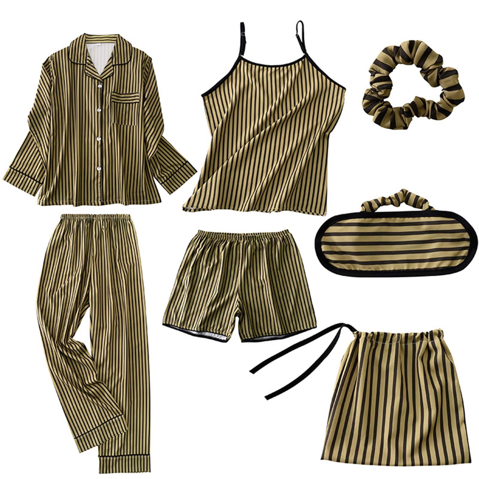 TAIAOJING Women Pajamas Set Satin Silk Imitation Cotton Striped Silk ...