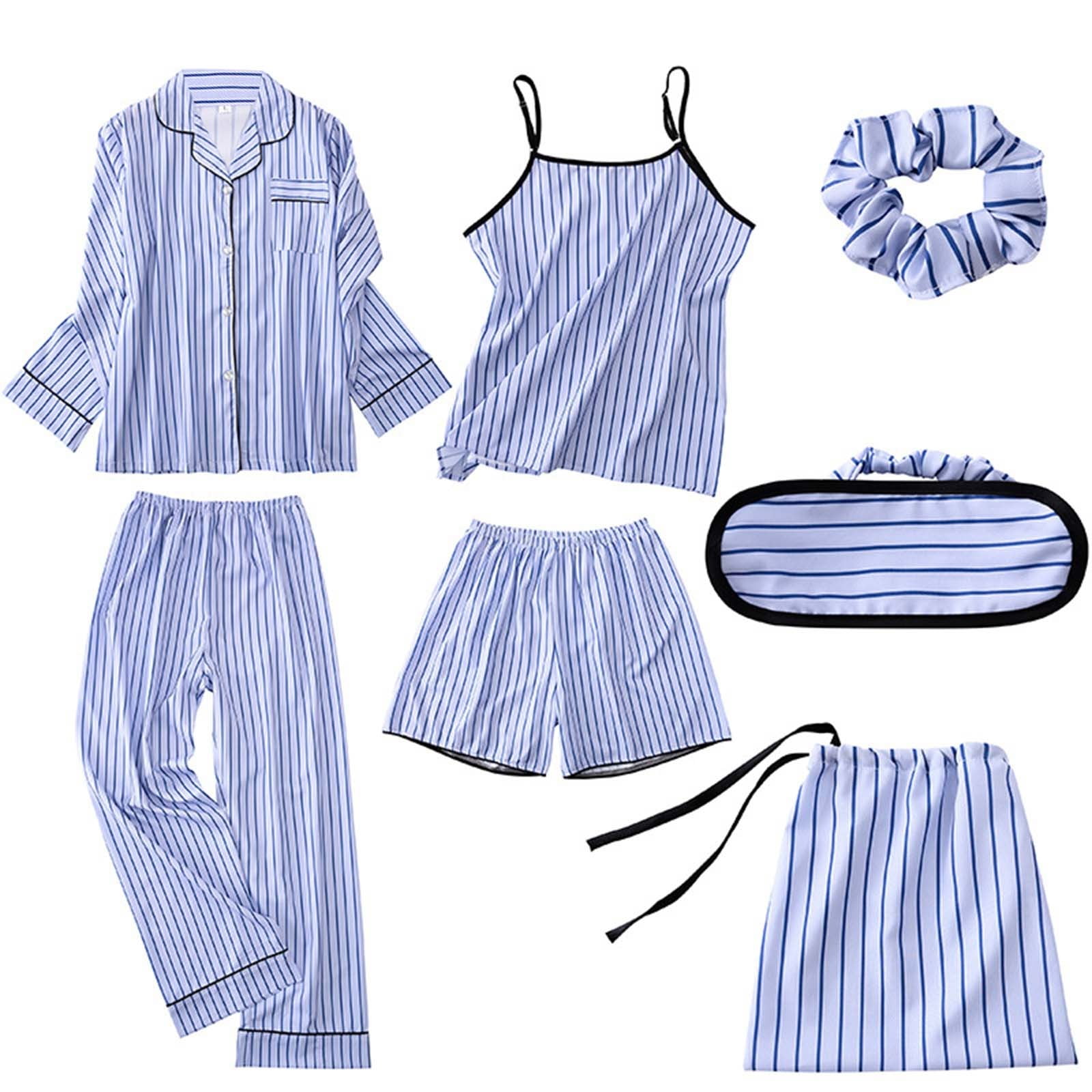 TAIAOJING Women Pajamas Set Satin Silk Imitation Cotton Striped Silk ...