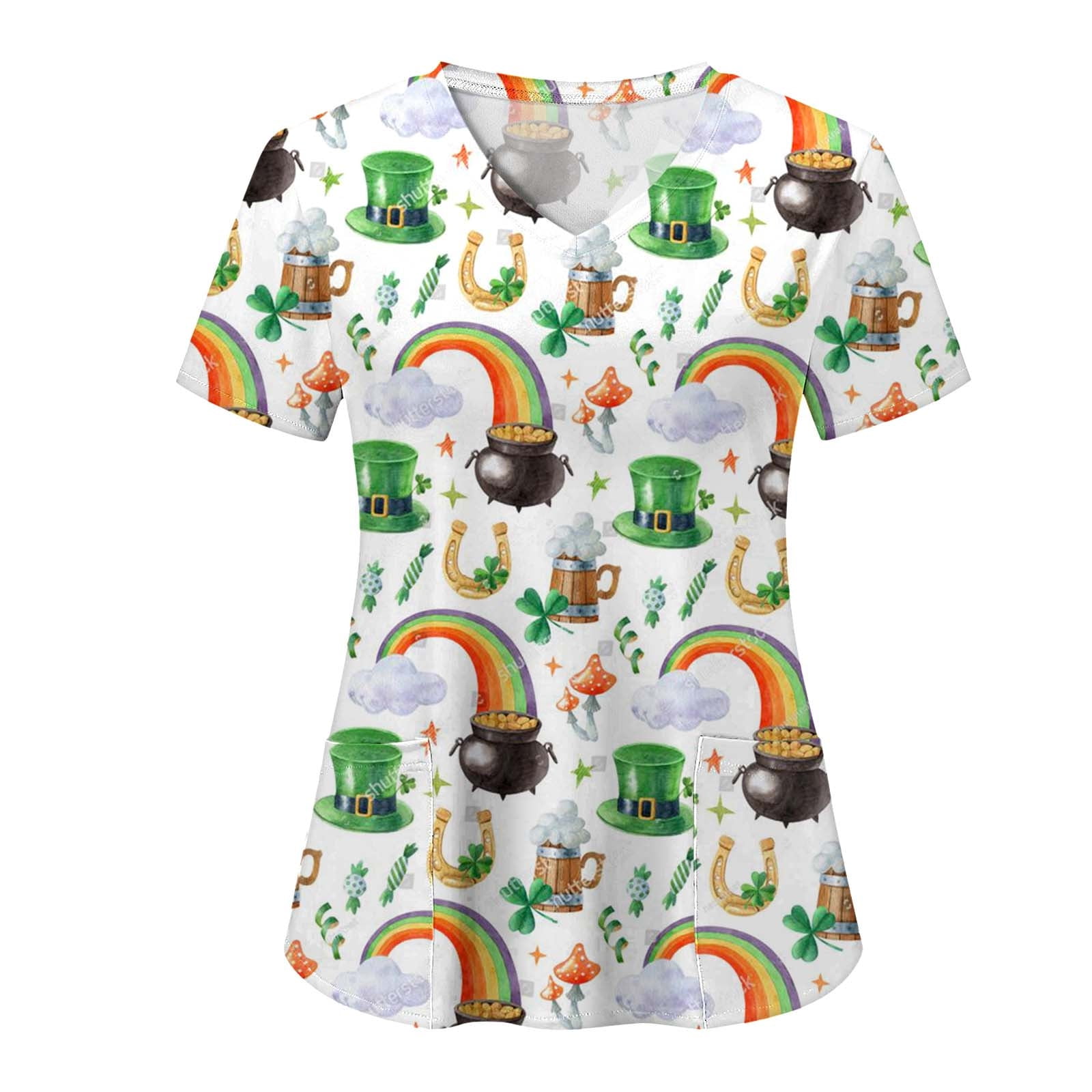 TAIAOJING Women Scrubs Tops Fashion Casual Four Leaf Print Short Sleeve ...