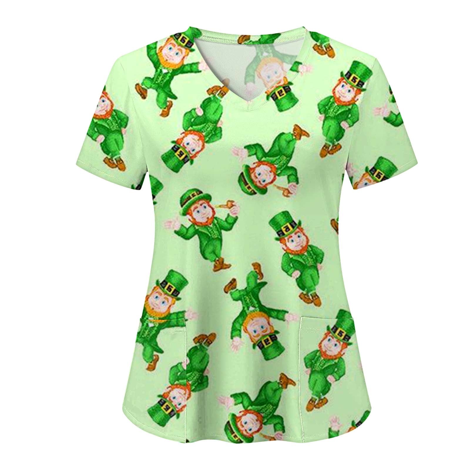 TAIAOJING Women Scrubs Tops Fashion Casual Four Leaf Print Short Sleeve ...