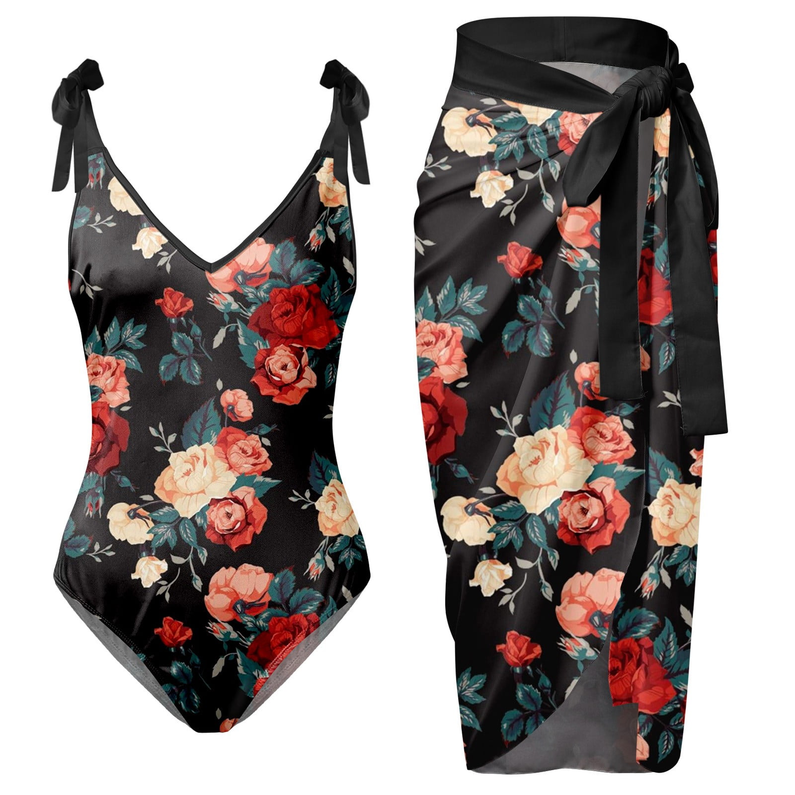 Taiaojing Women Tummy Control Two Piece Tankini Swimsuits V Neck Flower