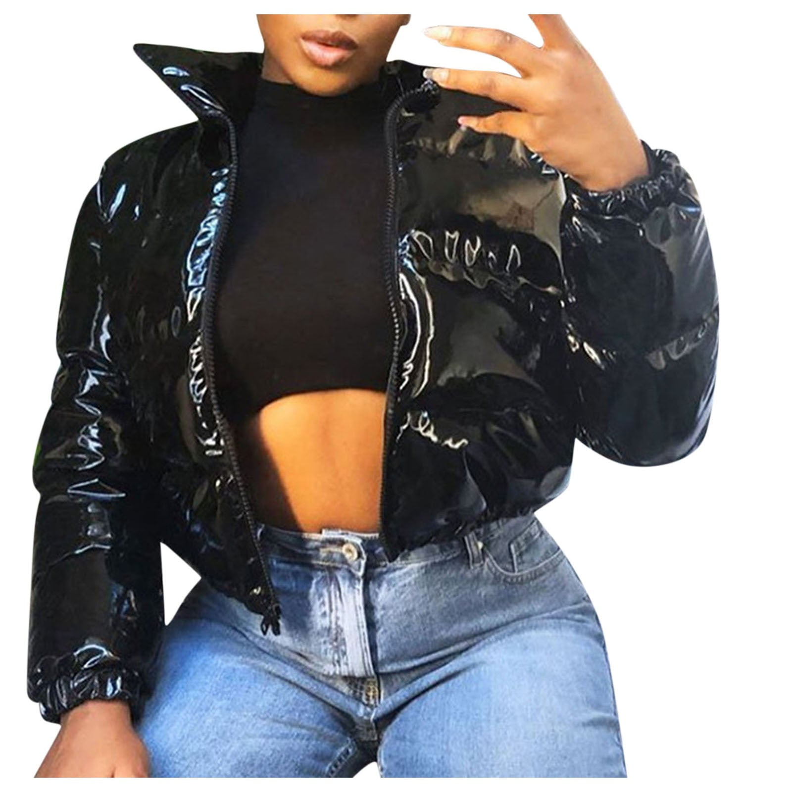 TAIAOJING Women's Coat Leather Short Coat Winter Down Jacket Padded s ...
