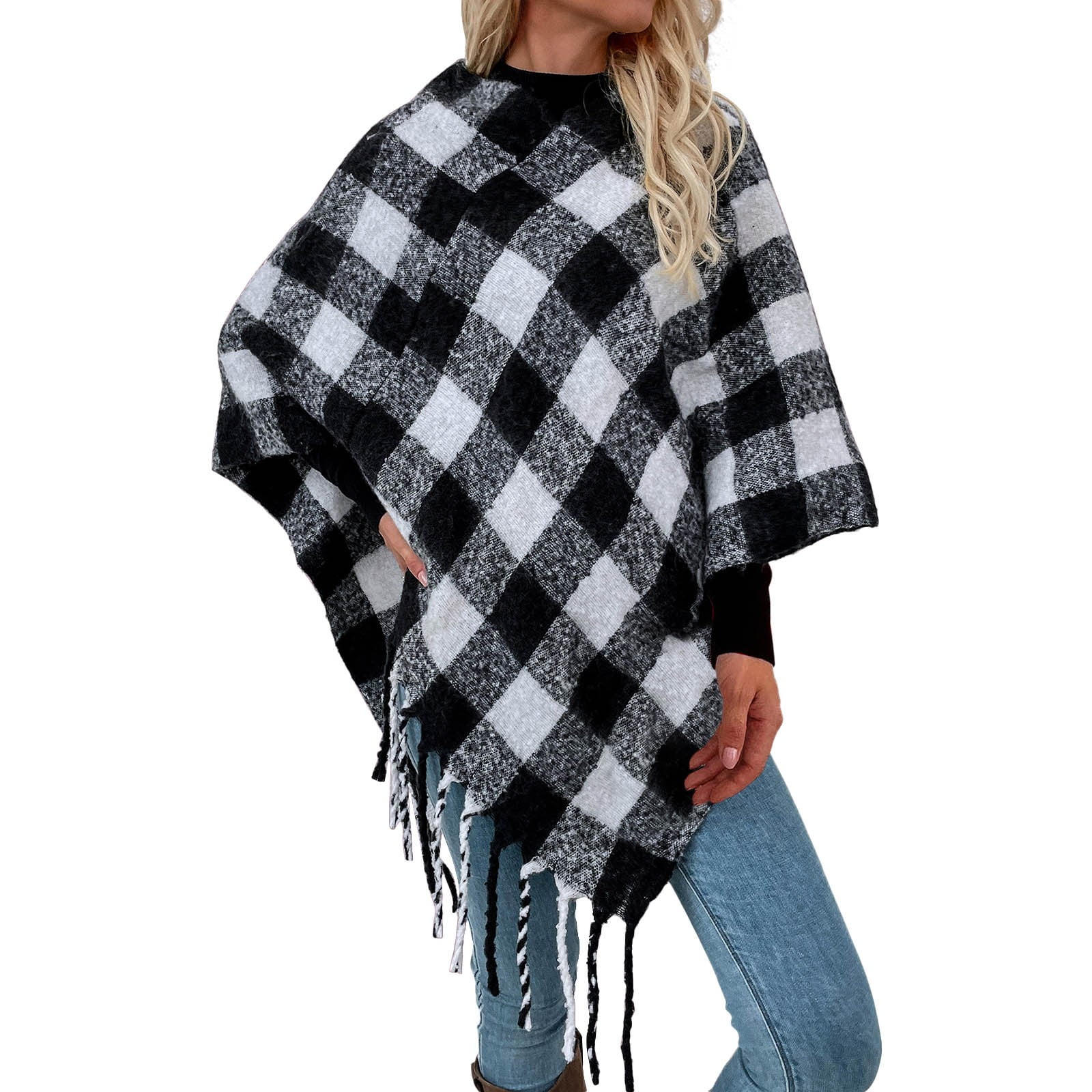 TAIAOJING Women's Lightweight Crewneck Sweater Houndstooth Fringe Shawl ...