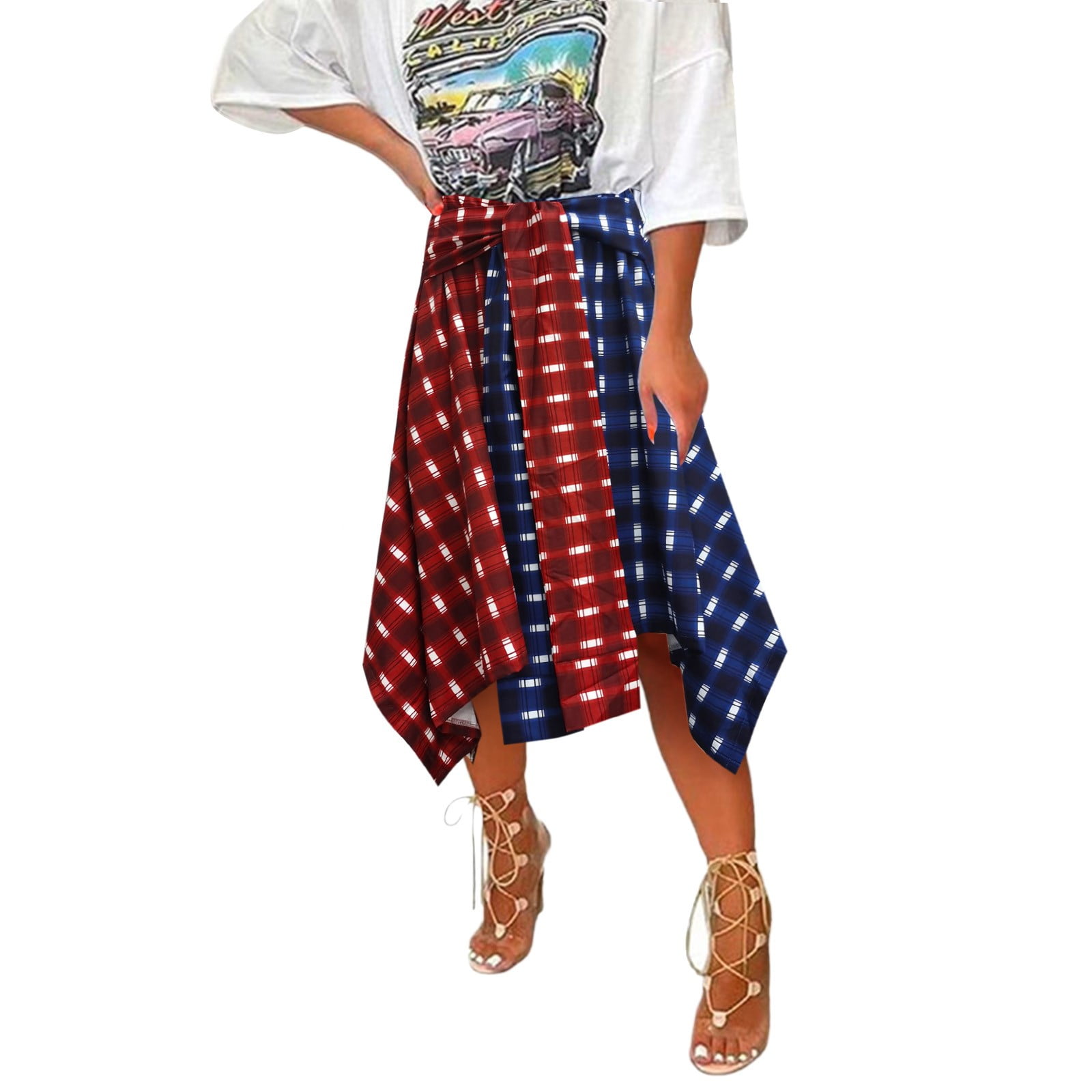 Taiaojing Womens Mini Fitting Split Skirt Casual Plaid Belt Skirt