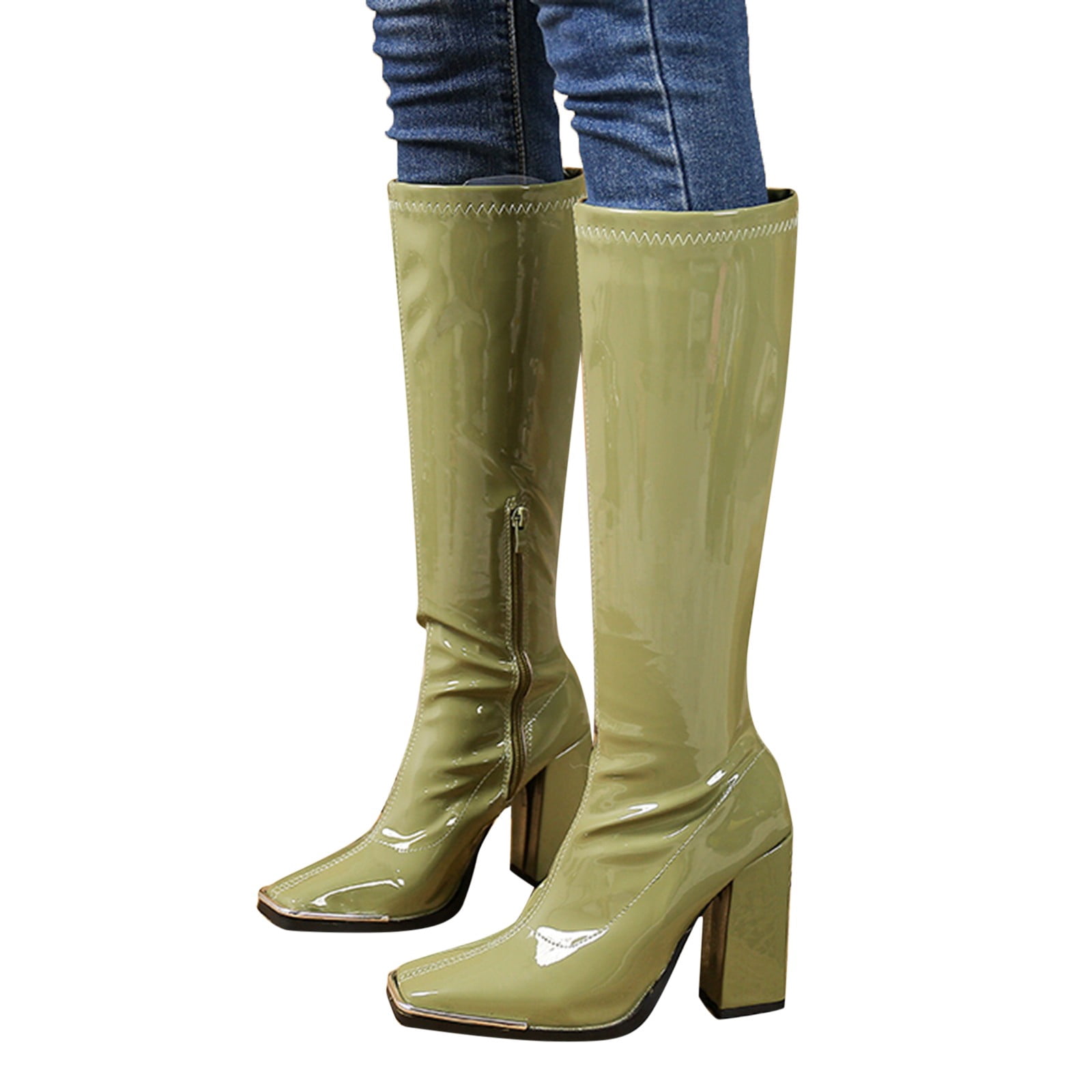 TAIAOJING Womens Boots Ladies Square Toe Solid Color Bright Leather Candy Color Square High Heel ...