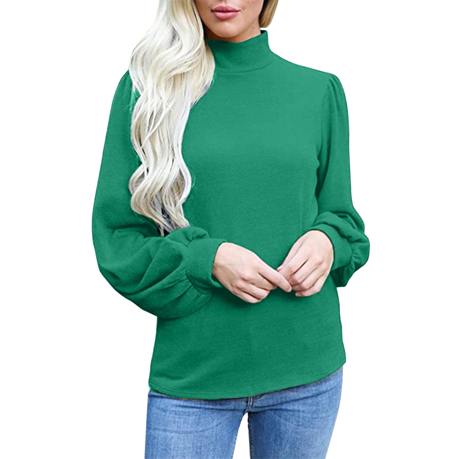 Taiaojing Womens Long Sleeve Tops Button Solid Color High Collar Balloon Sleeve Loose Casual