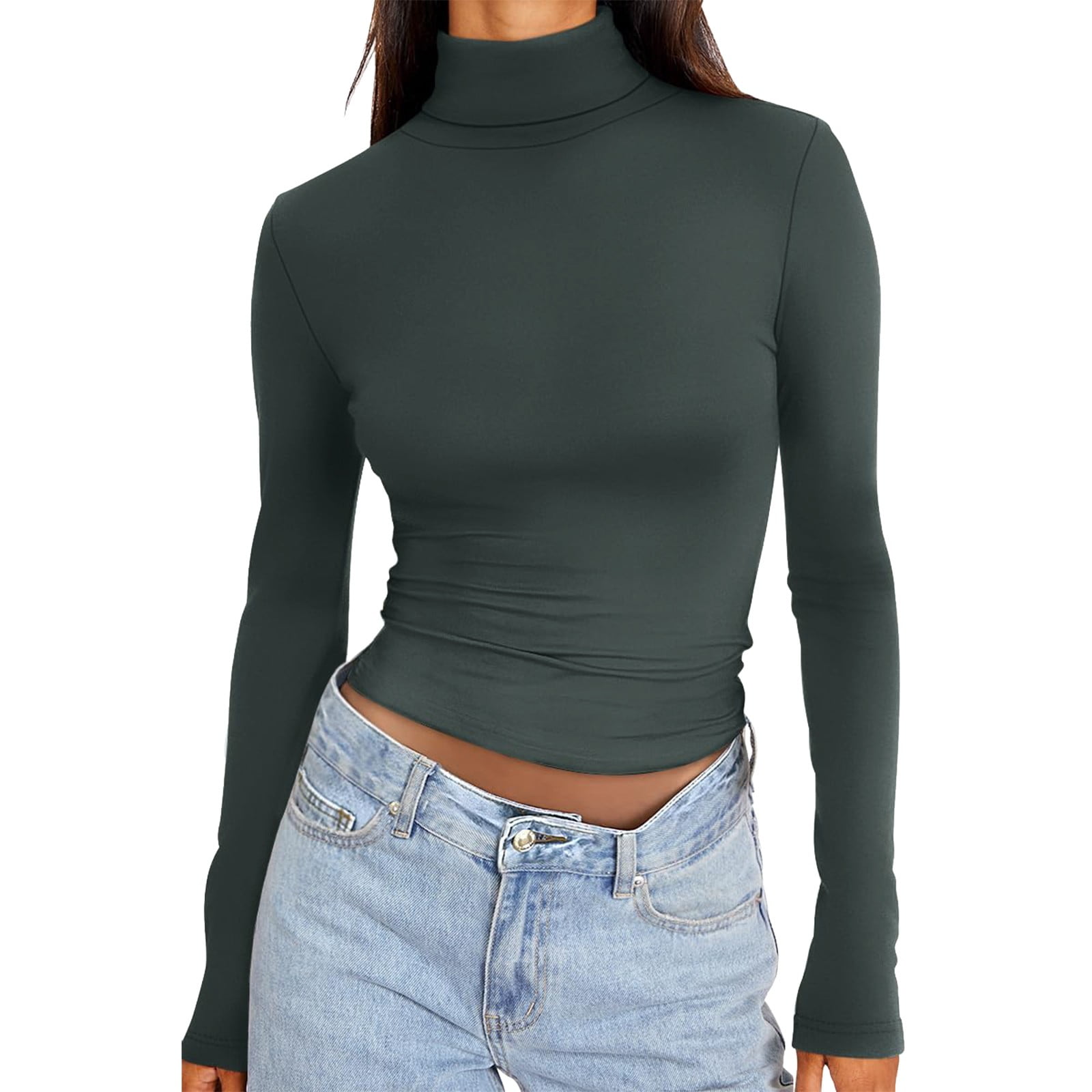 TAIAOJING Womens Long Sleeve Turtleneck Crop Tops Basic Slim Fitted ...