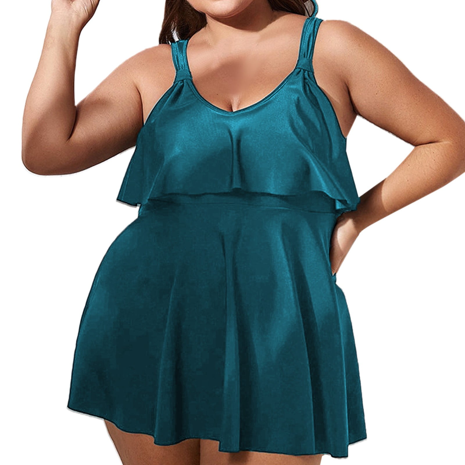 TAIAOJING Womens One Piece Swimsuits Large Split Solid Ruffle Hemline Conservative Tankini Two ...