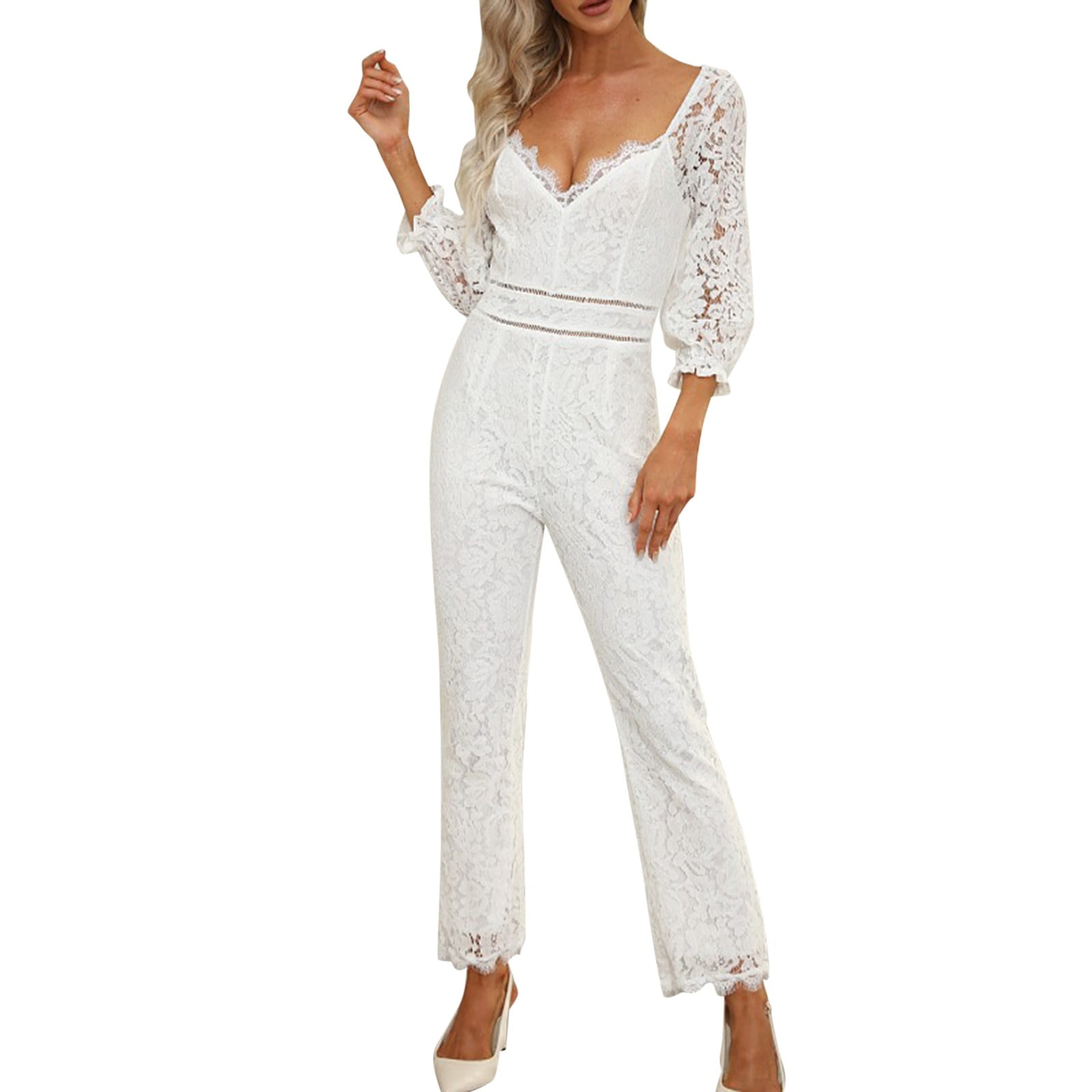 TAIAOJING Womens Rompers Jumpsuit Lace Elegant Long Sleeve V Neck Wide ...